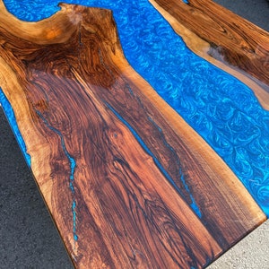Handmade Epoxy Table, Custom 54” X 36” Walnut Shiny Metallic Blue Table ...