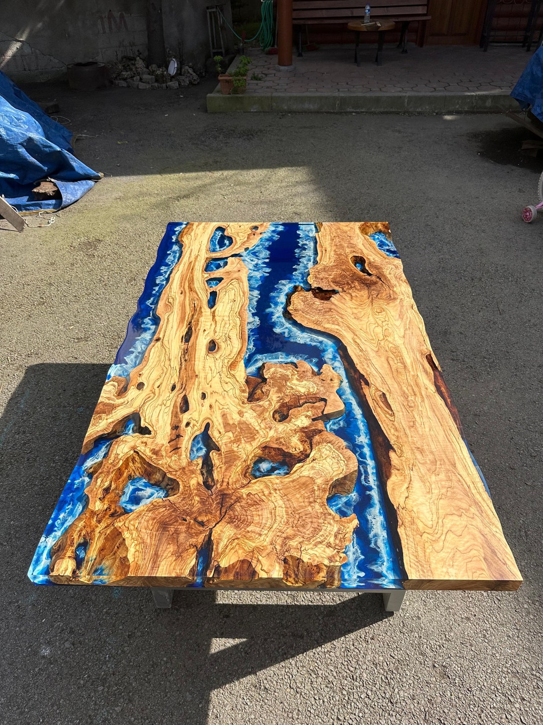 Olive Wood Epoxy Table, Custom 60” X 30” Olive Wood Table, Deep Blue ...