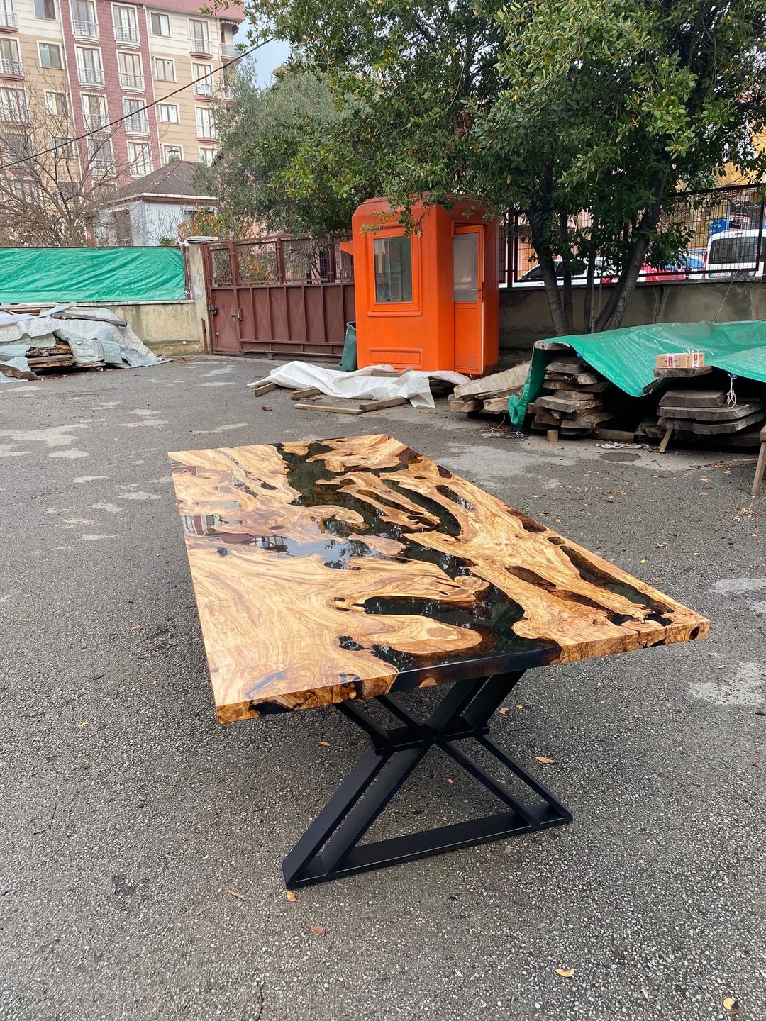 Olive Wood Dining Table, Custom 100” X 44" Smoke Gray Epoxy Table ...