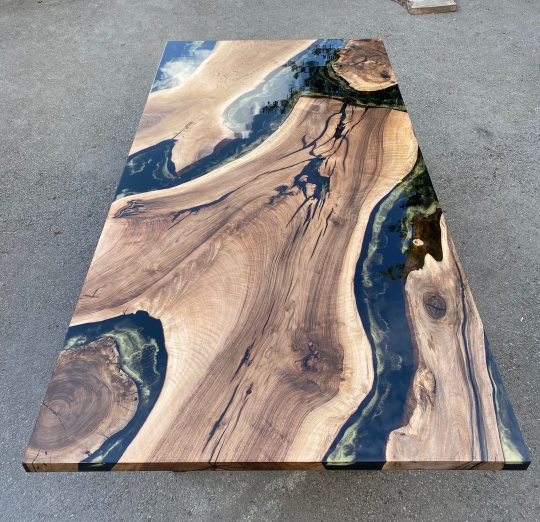 Epoxy Table, Custom 96” X 48" Walnut Black Epoxy Table, Gold Leaf Table ...