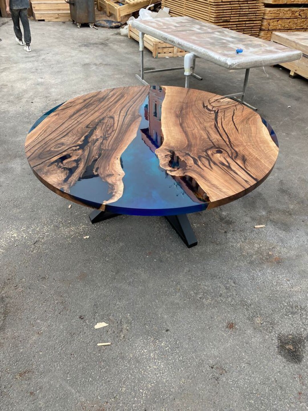 Round Dining Table, Custom 70” Diameter Round Walnut Wood Blue ...