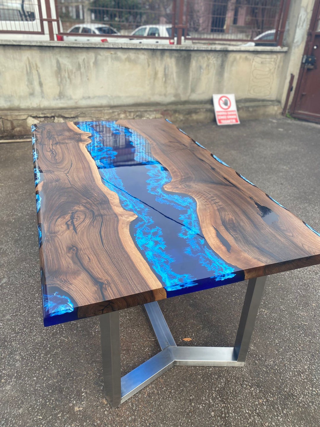 Handmade Epoxy Table, Custom 72” X 42” Walnut Deep Dark Blue and White ...