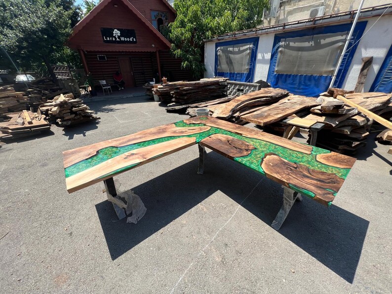 River L Shape Table, Custom 96” X 96” X 30” Walnut Wood Mostly Green ...