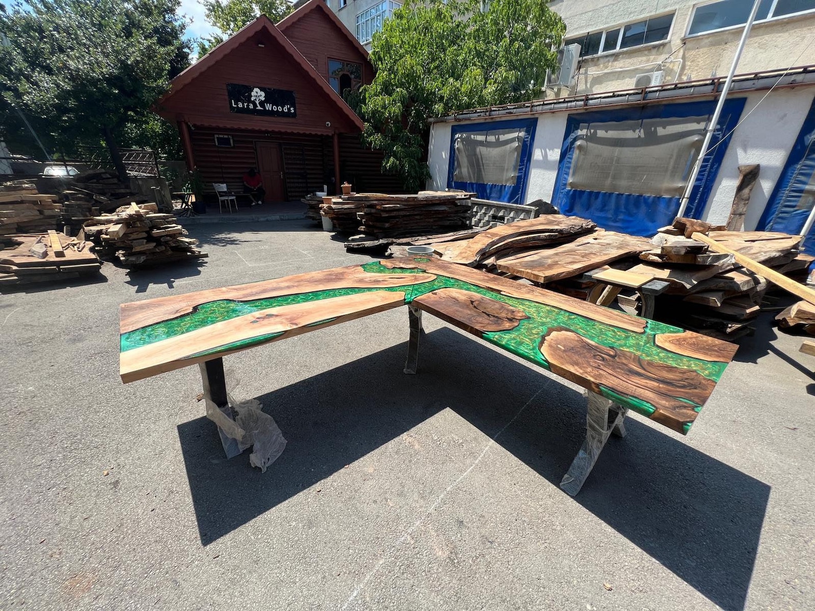 River L Shape Table, Custom 96” X 96” X 30” Walnut Wood Mostly Green ...