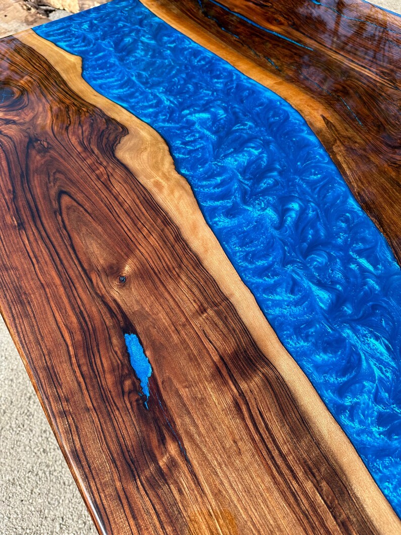 Handmade Epoxy Table, Custom 54” X 36” Walnut Shiny Metallic Blue Table ...