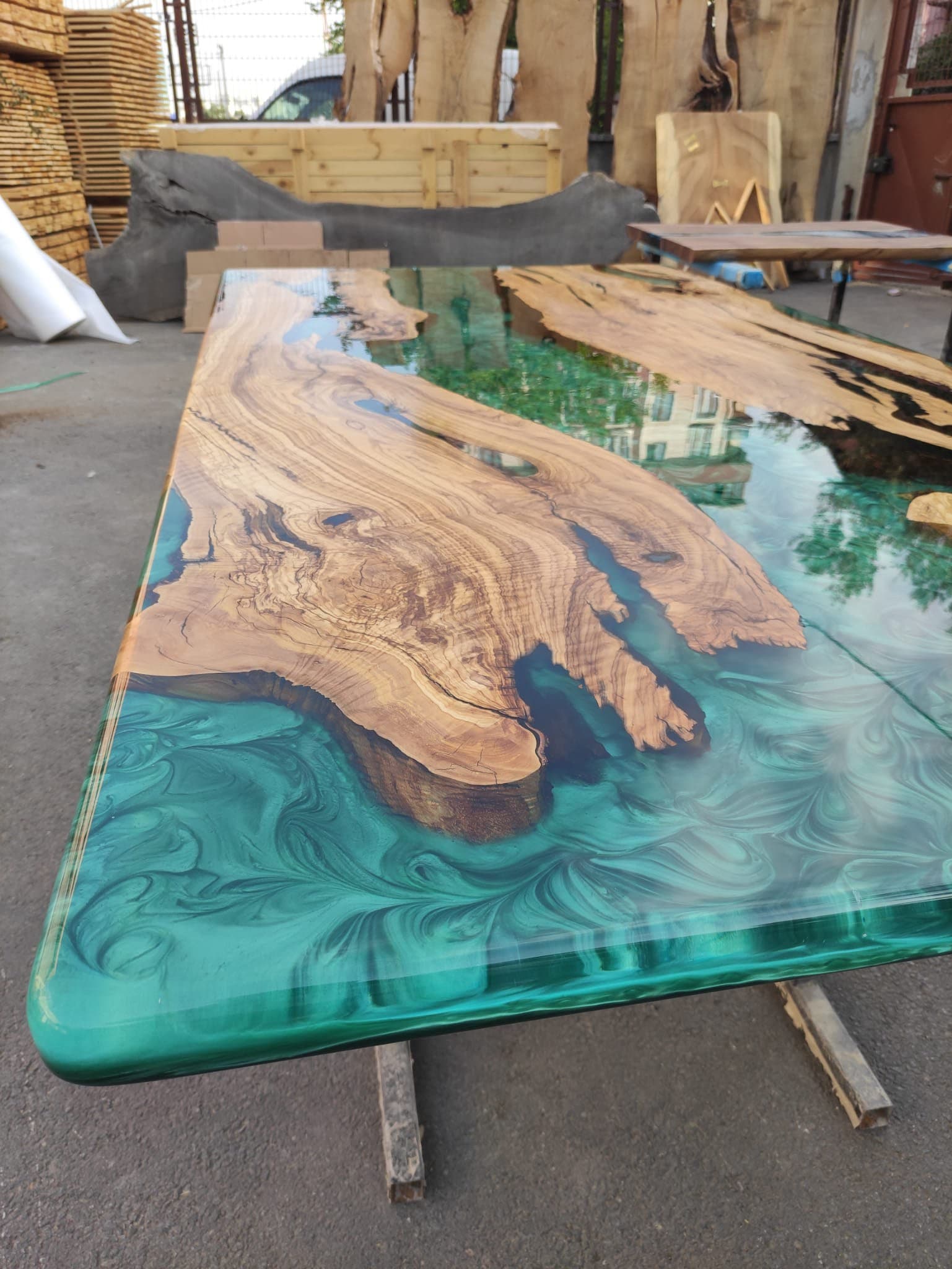 Epoxy Resin Desk, Custom 84” X 42” Olive Emerald Green Epoxy River ...