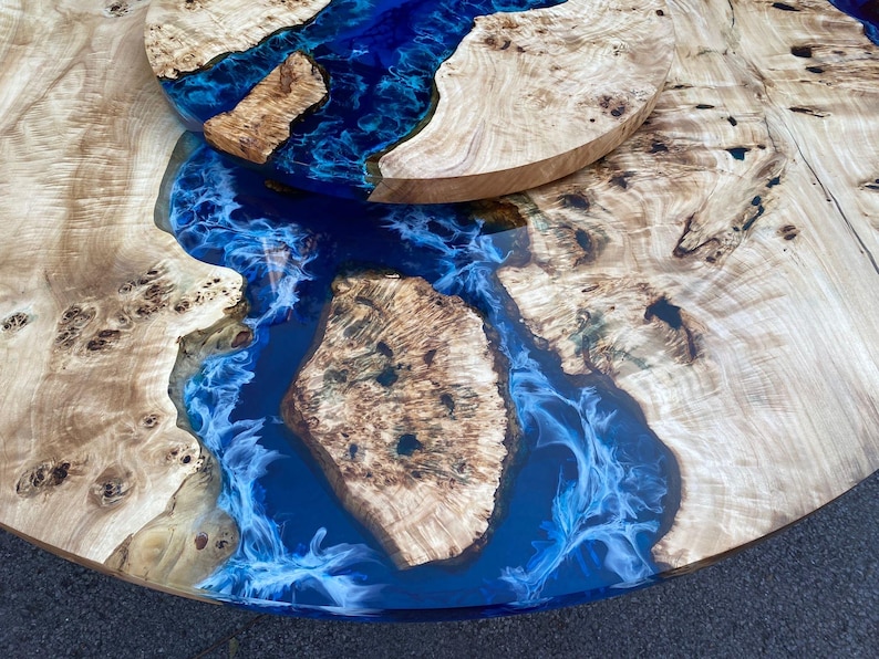Blue Epoxy Round Table, Poplar Table, Custom 66” Poplar Wood Blue ...