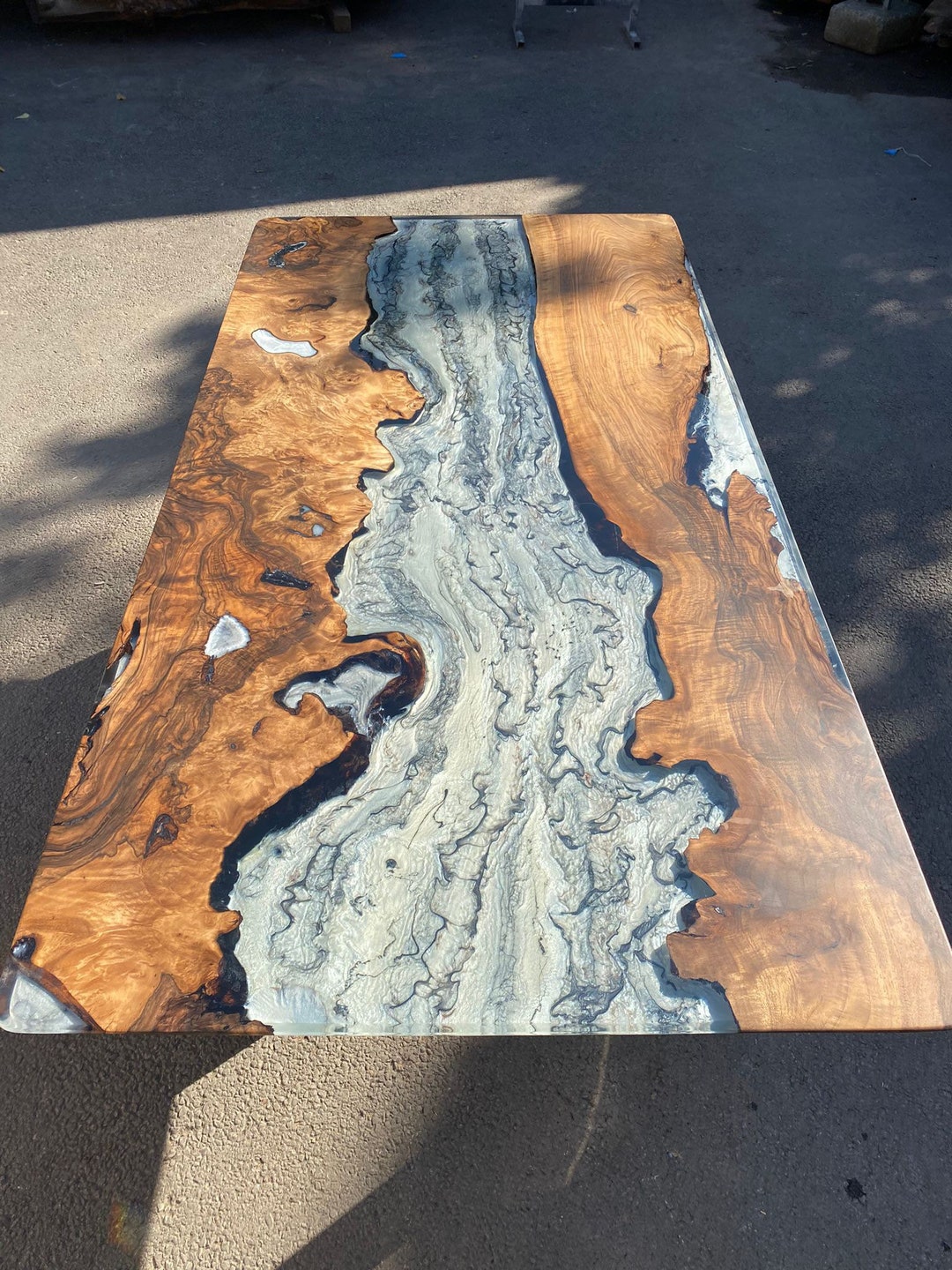 Epoxy Marble Table, Live Edge Table, Custom 72” X 36” Walnut Wood Gray ...