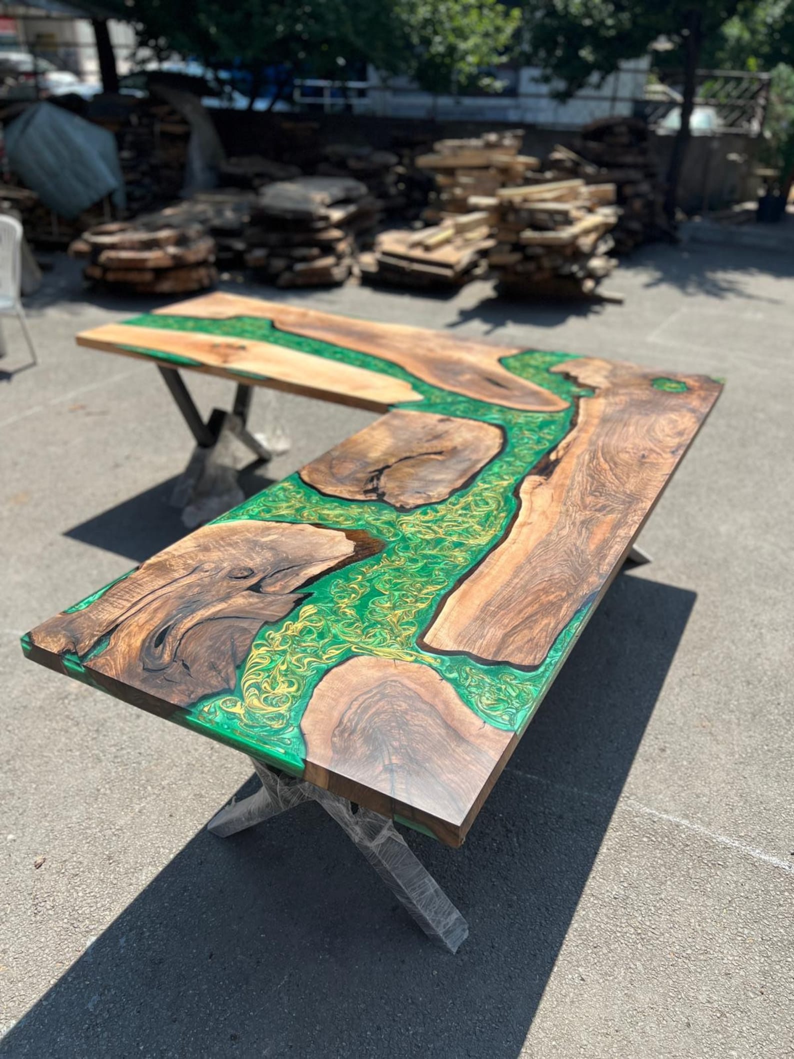 River L Shape Table, Custom 96” X 96” X 30” Walnut Wood Mostly Green ...