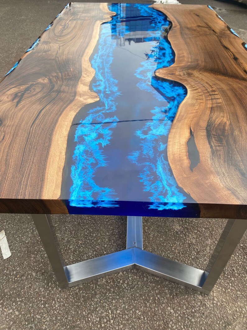 Handmade Epoxy Table, Custom 72” X 42” Walnut Deep Dark Blue and White ...