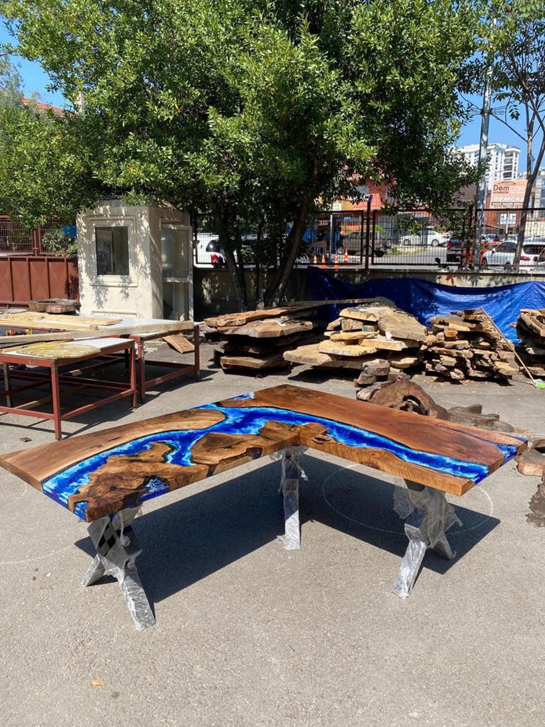 River L Shape Table, Custom 80” X 68” X 32” Walnut Wood Ocean Bljue ...