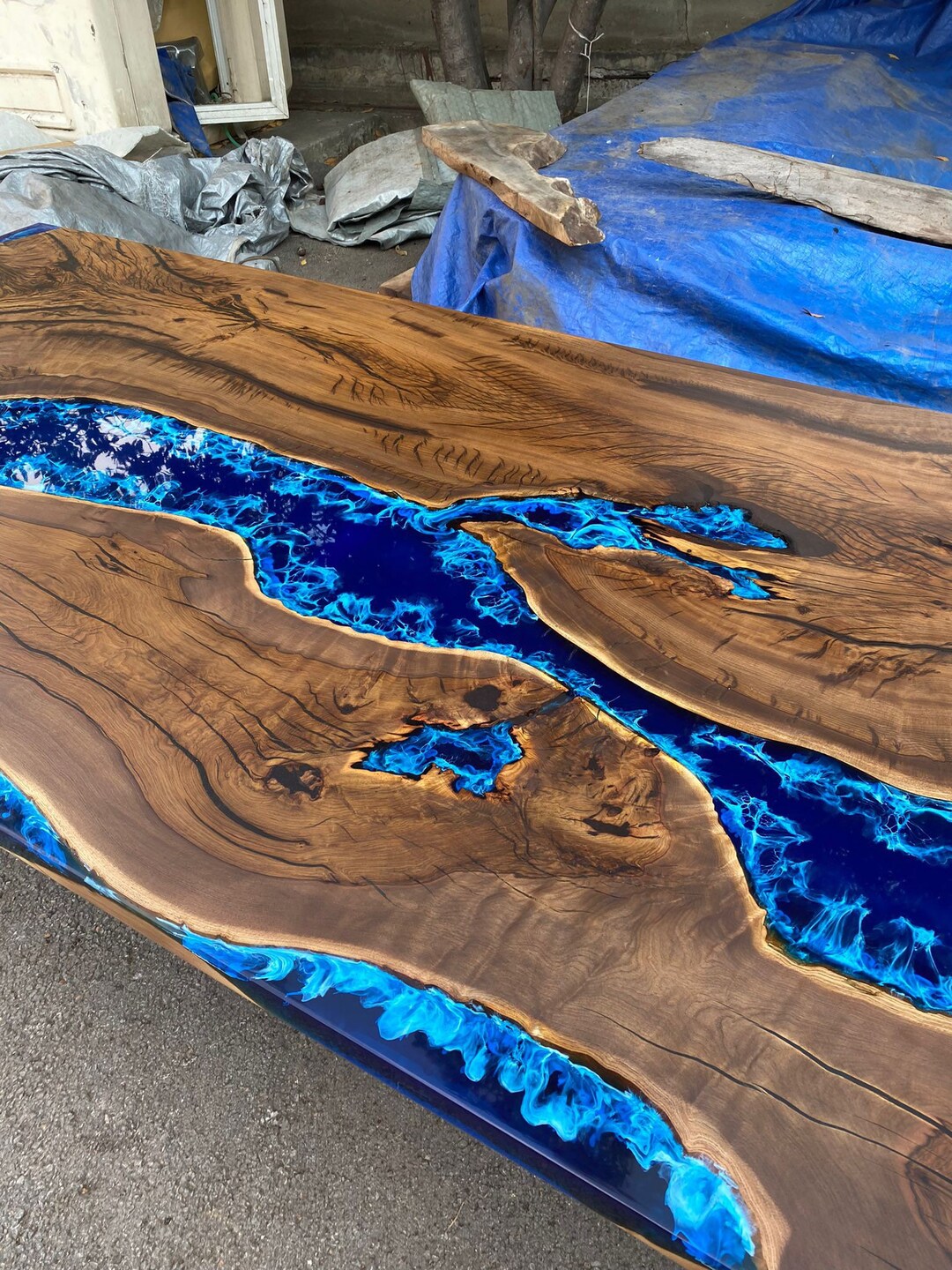 Hackberry Wood Dining Table, Custom 108” X 48” Dark Hackberry Blue ...