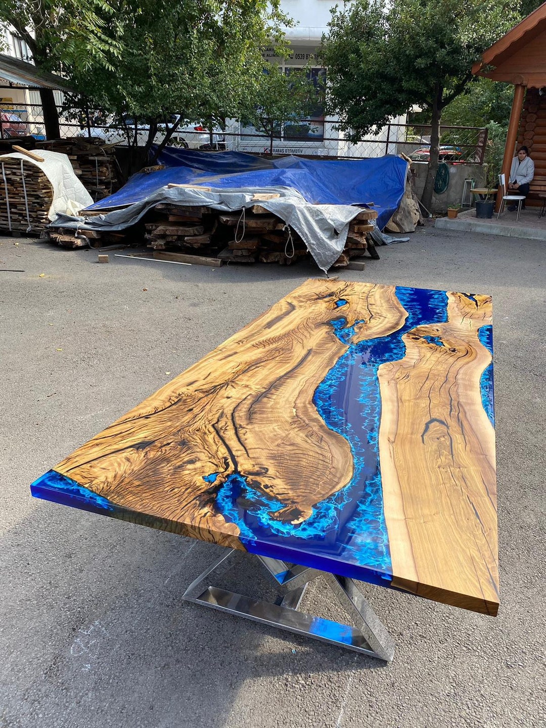 Hackberry Wood Dining Table, Custom 108 X 48 Light Hackberry Blue Epoxy ...