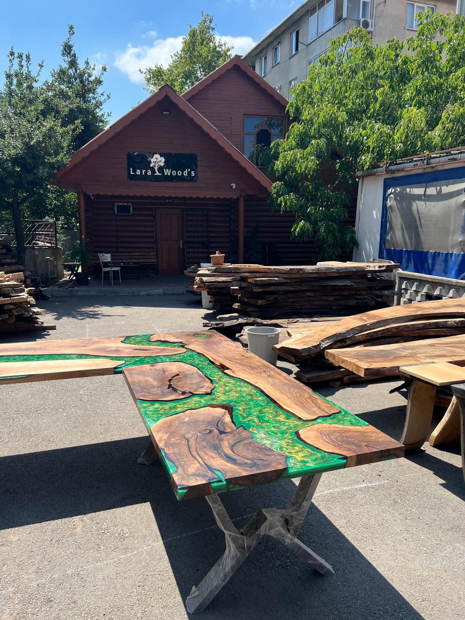 River L Shape Table, Custom 96” X 96” X 30” Walnut Wood Mostly Green ...