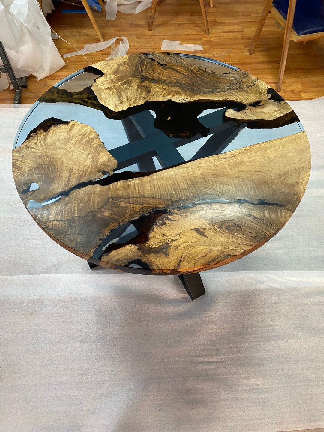Round Dining Table, Custom 48” Round Walnut Transparent Light Sky Blue ...