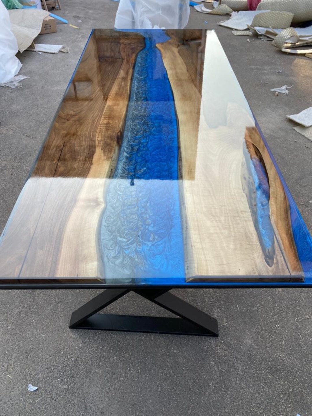 Handmade Epoxy Table, Custom 96” X 40” Walnut Metallic Shiny Black ...