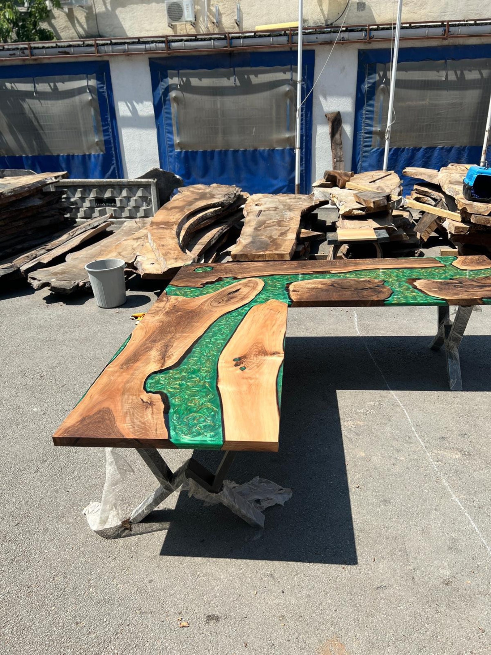River L Shape Table, Custom 96” X 96” X 30” Walnut Wood Mostly Green ...
