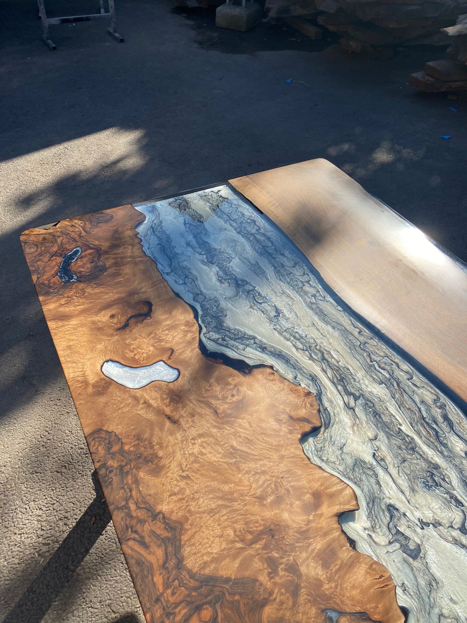 Epoxy Marble Table, Live Edge Table, Custom 72” X 36” Walnut Wood Gray ...