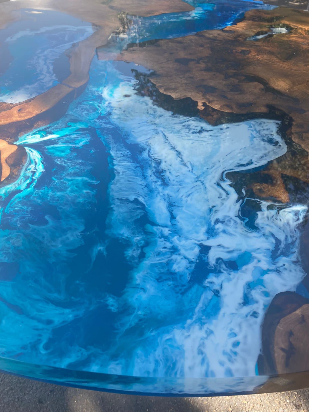 Epoxy Blue Resin Table, Custom 50” Diameter Round Table, Walnut Wood ...