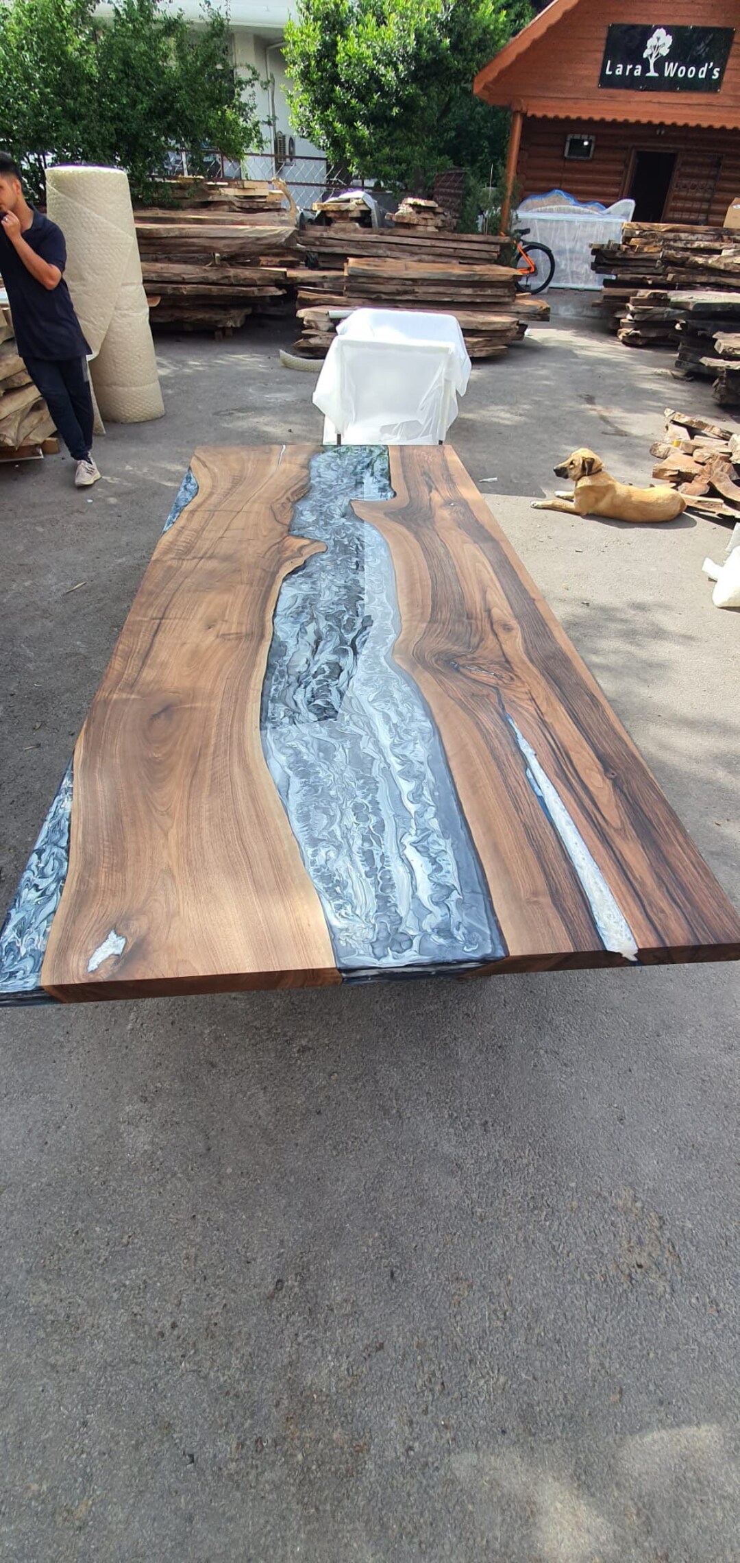 Epoxy Marble Table, Custom 96” X 42” Walnut Wood Gray Marble Affect ...