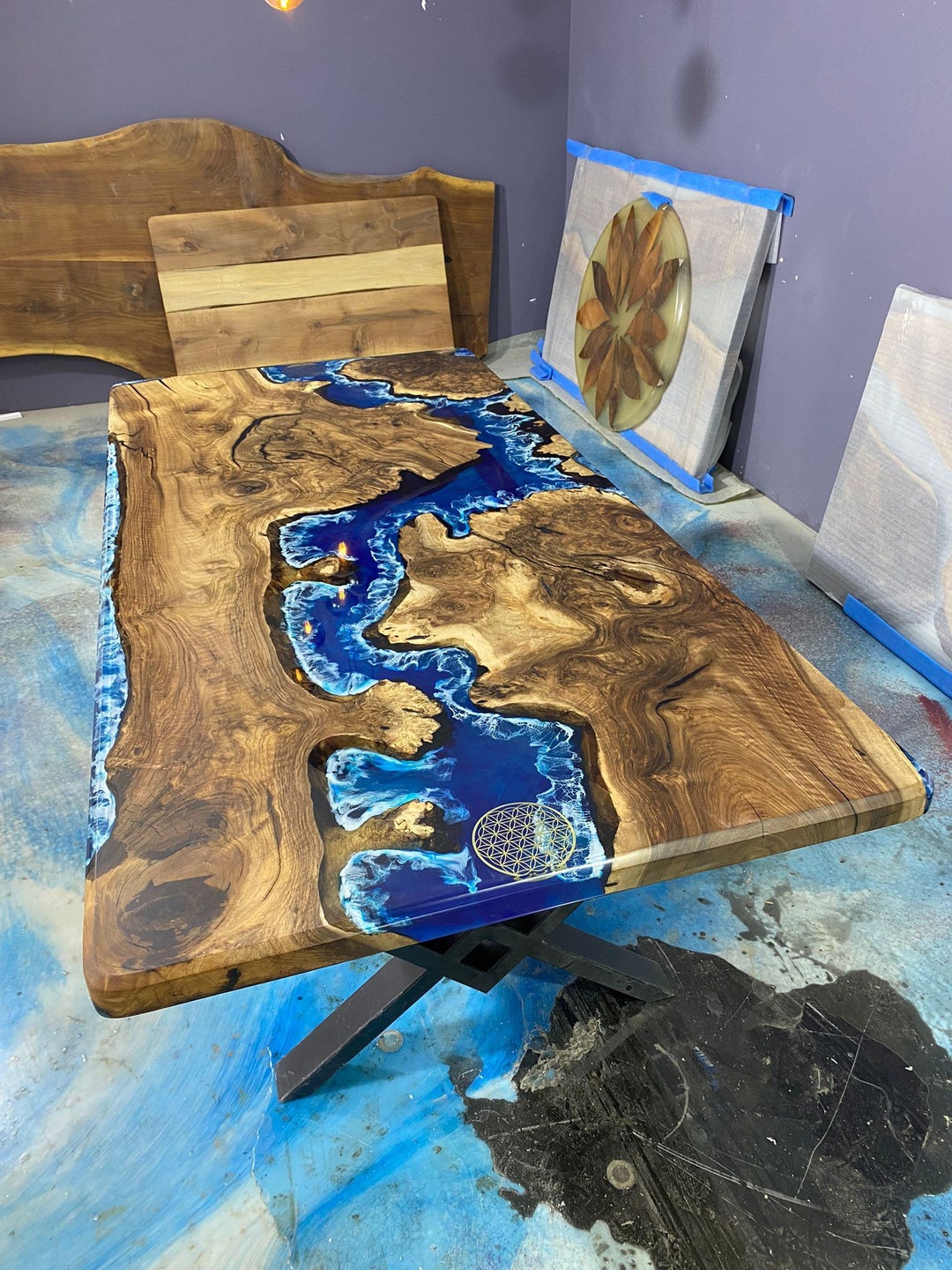Handmade Epoxy Dining Table, Custom 86” X 42” Walnut Blue, Turquoise ...