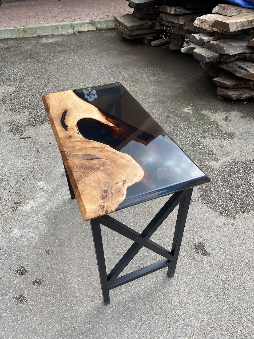 Epoxy Entryway Table, Custom 35 X 18 Walnut Transparent Black Console ...