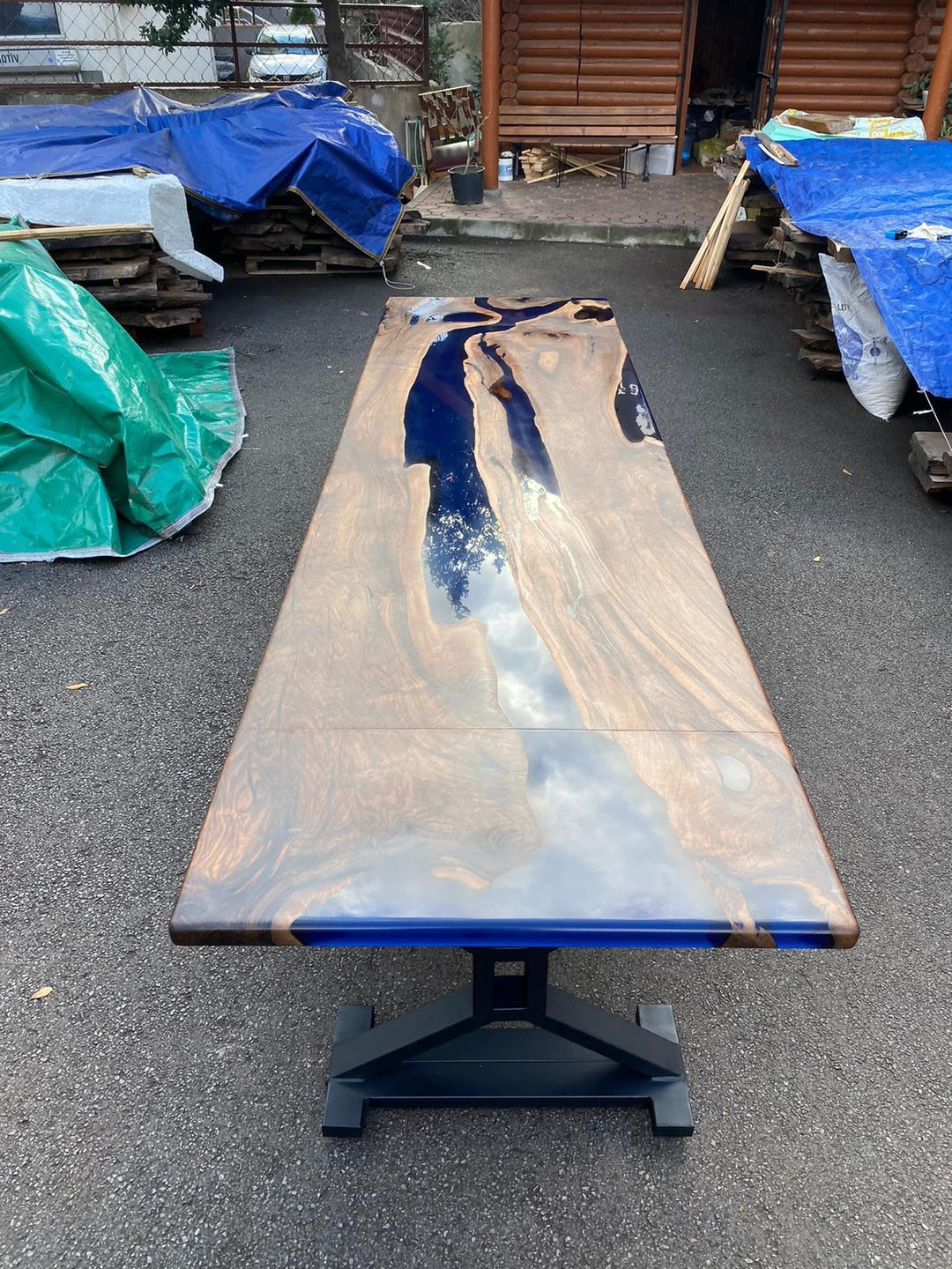 Epoxy Table, Custom 150” X 42” Walnut Wood Deep Dark Blue Ocean Epoxy ...