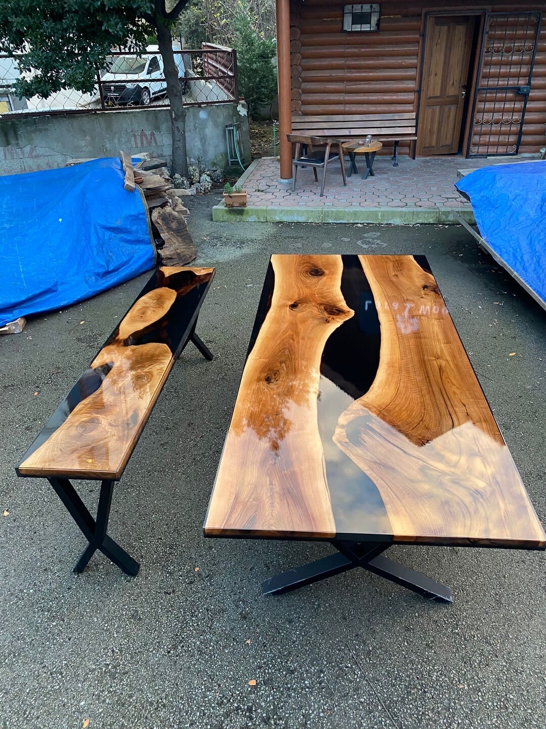 Walnut Dining Table, Custom 103” X 44” Unique Walnut Table, Black Epoxy ...