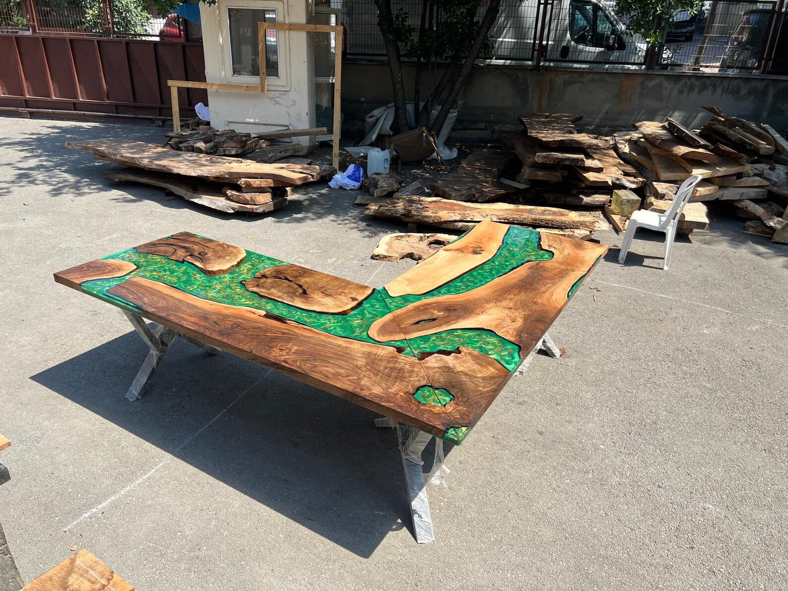 River L Shape Table, Custom 96” X 96” X 30” Walnut Wood Mostly Green ...