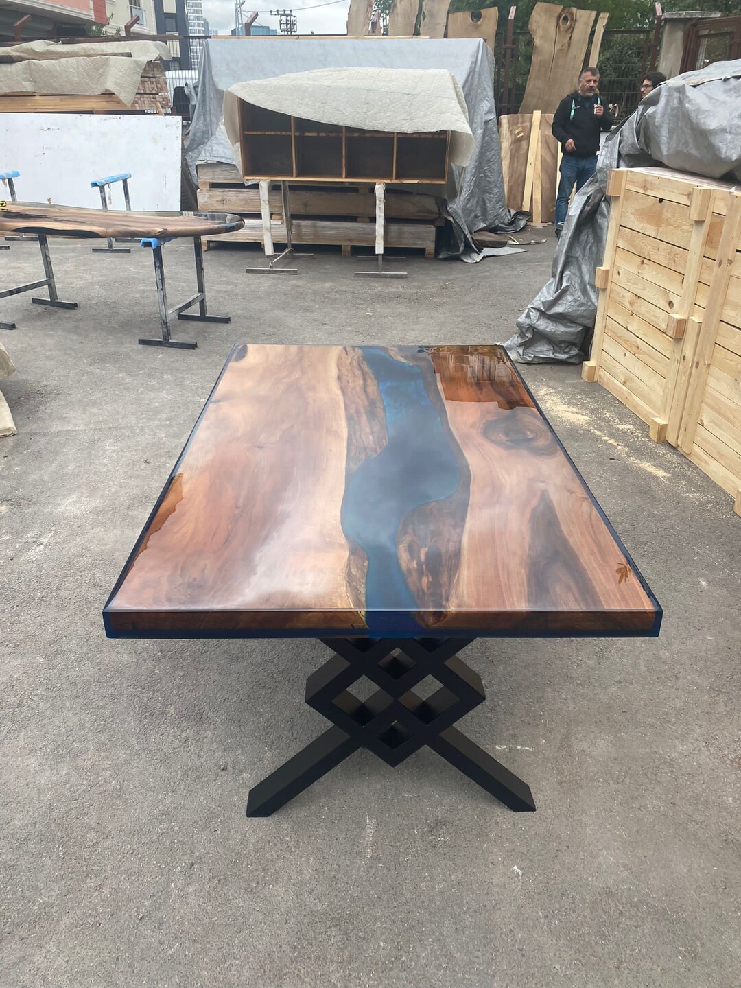 Walnut Dining Table, Custom 60” X 36” Walnut Shiny Blue, Turquoise ...