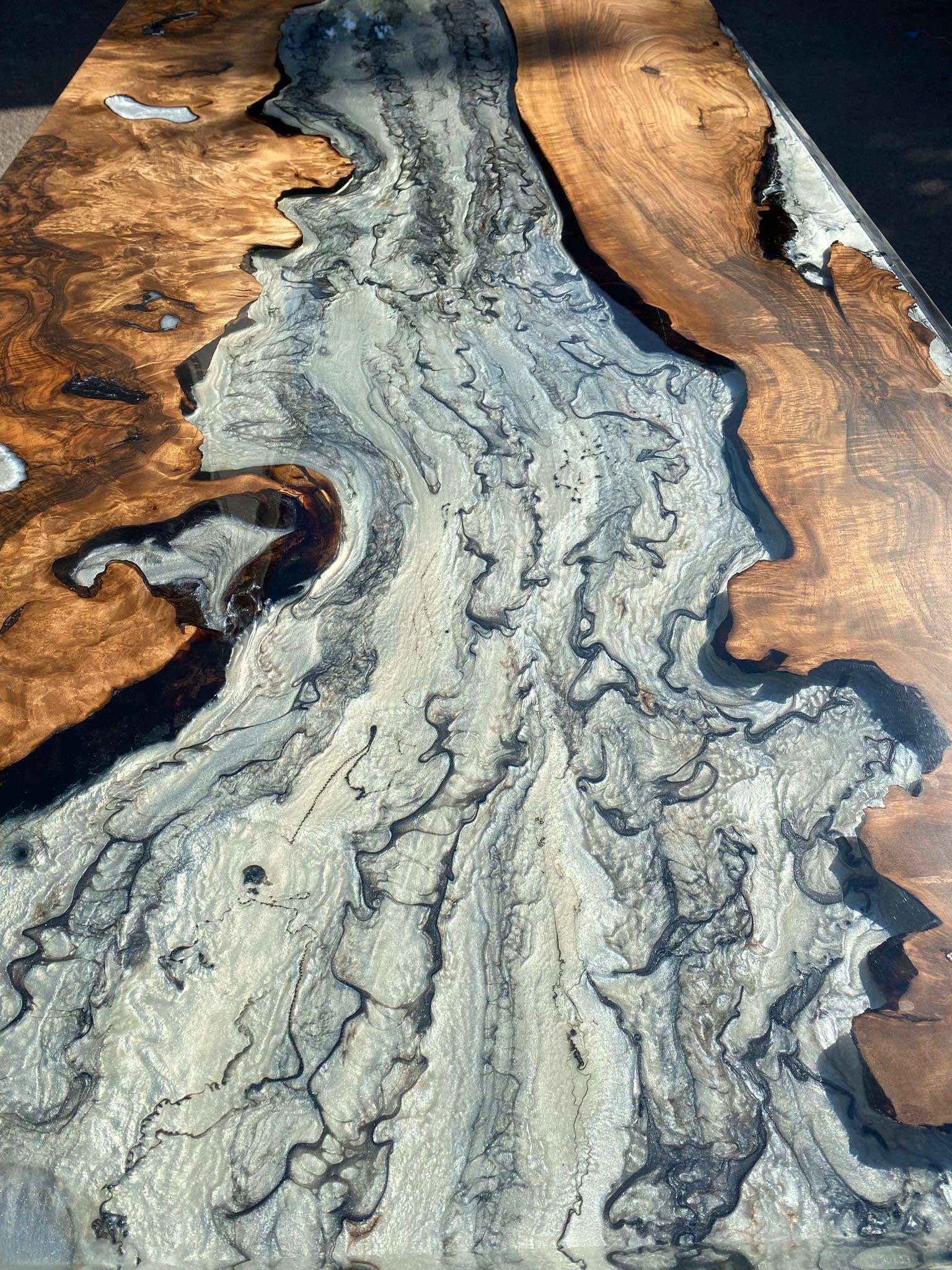 Epoxy Marble Table, Live Edge Table, Custom 72” X 36” Walnut Wood Gray ...