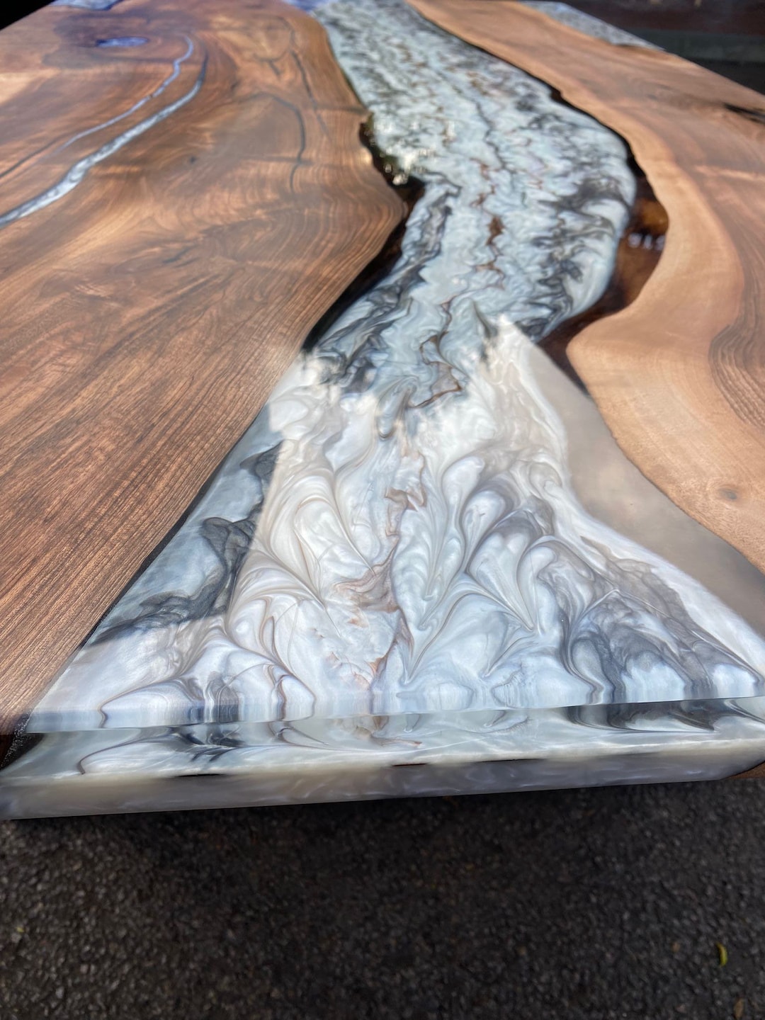 Epoxy Marble Table, Custom 78” X 42” Walnut Wood Gray Marble Affect ...