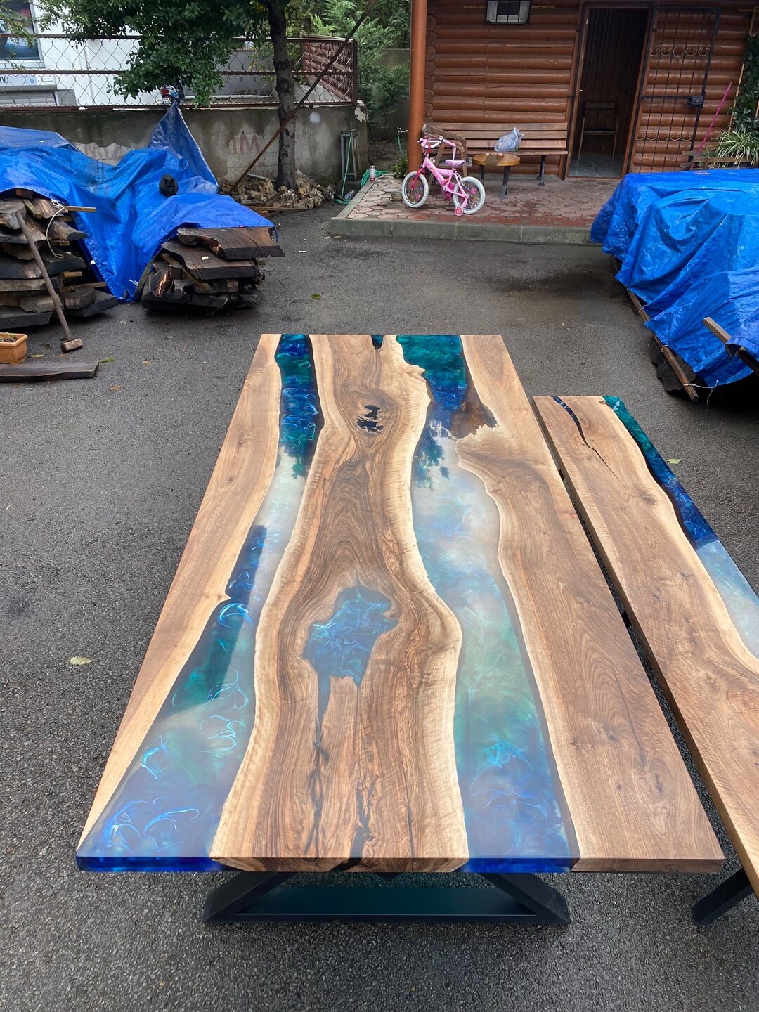 Epoxy Resin Table, Custom 115” X 48” Walnut Blue, Green Table, Epoxy ...