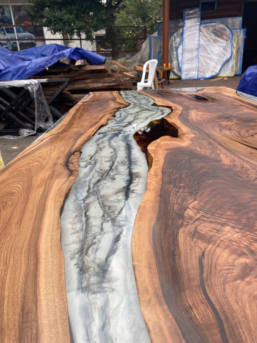 Epoxy Marble Table, Live Edge Table, Custom 96” X 42” Walnut Wood Gray ...