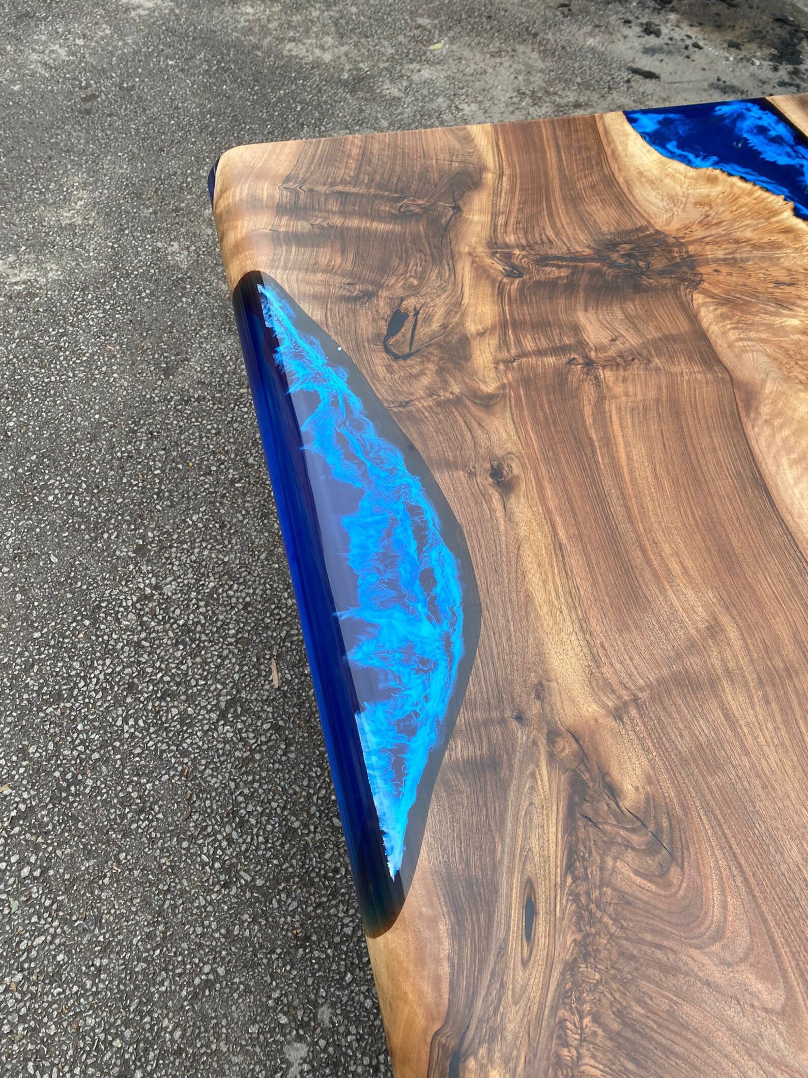 Custom 72” X 42” Walnut Deep Dark Blue and White Swirls Epoxy Dining ...