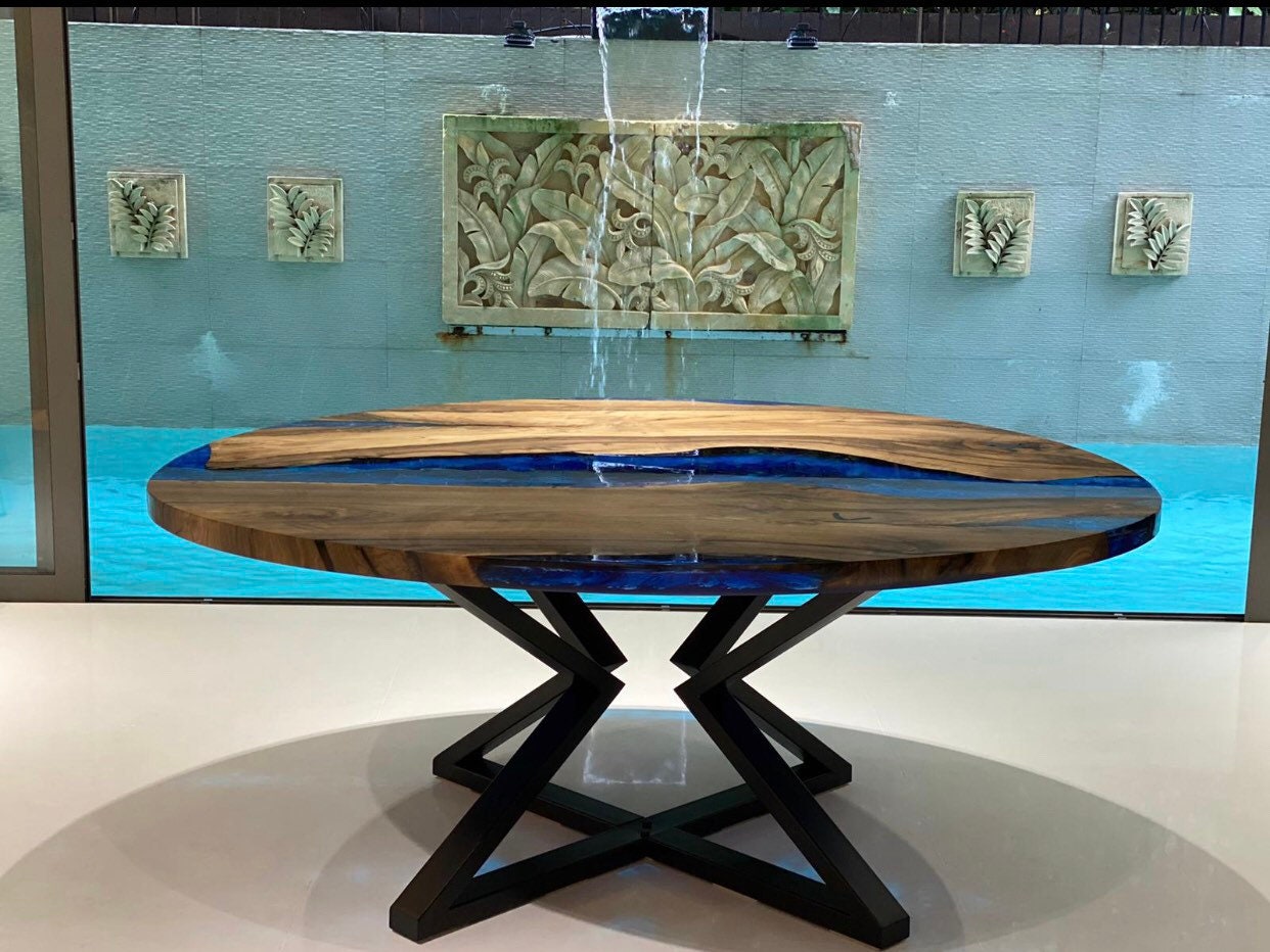 Round Dining Table Epoxy Blue Resin Table Custom 72 - Etsy