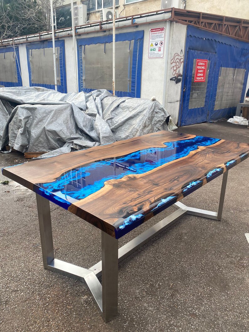 Handmade Epoxy Table, Custom 72” X 42” Walnut Deep Dark Blue and White ...