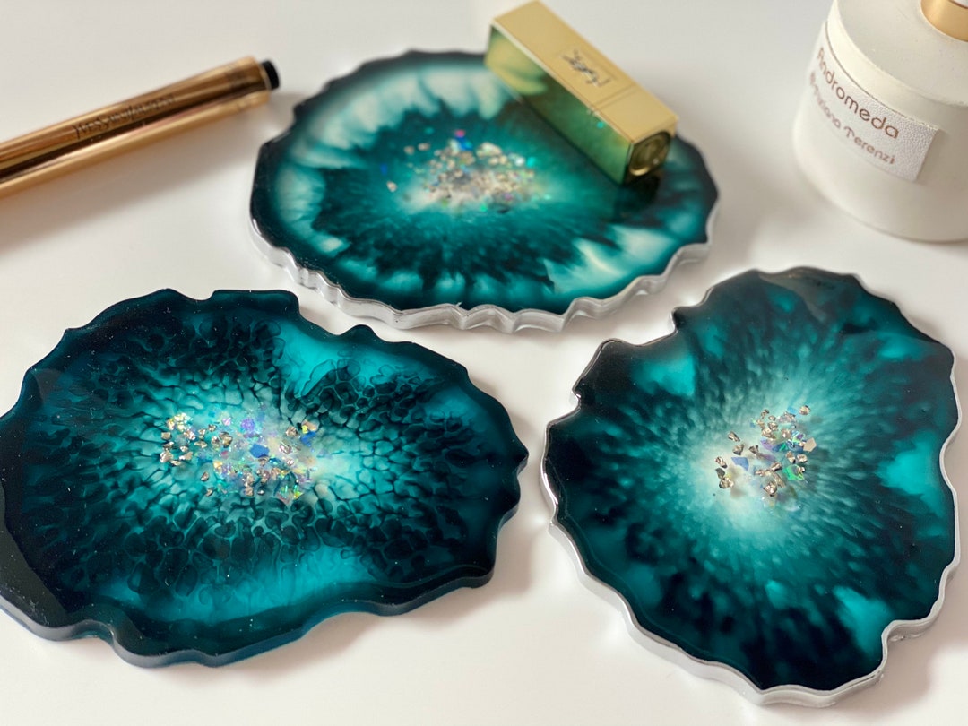 Teal Agate Coaster Set Geode Coasters Resin Coasters Christmas Gift ...