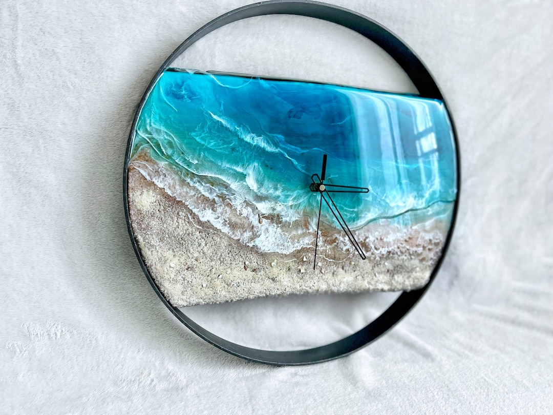 Resin Ocean Wall Clock, Beach Wood Clock, Sea Resin Ocean Art. Coastal ...