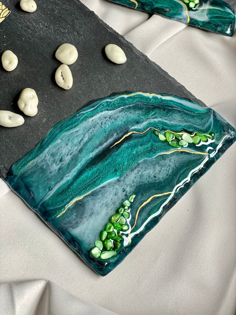 Beach Slate Coasters and Resin Ocean Slate Cheese Board. Green Gray ...