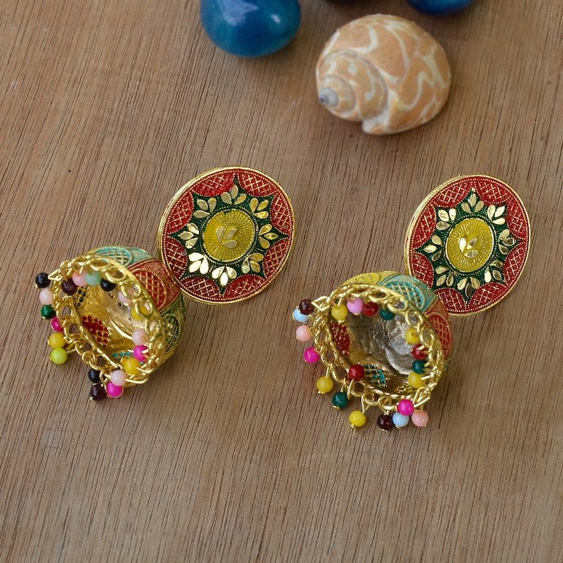Gold Plated Multicolor Jhumka Earrings: Bollywood Indian Jewelry - Etsy