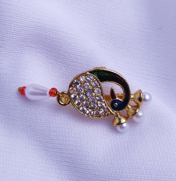 Gold Plated Nose Ring Non Piercing Clip On Indian Nose Ring Indian Jewelry Wedding Jewelry Ethinic Jewlery Nose Pin Peacock Design Nose Ring