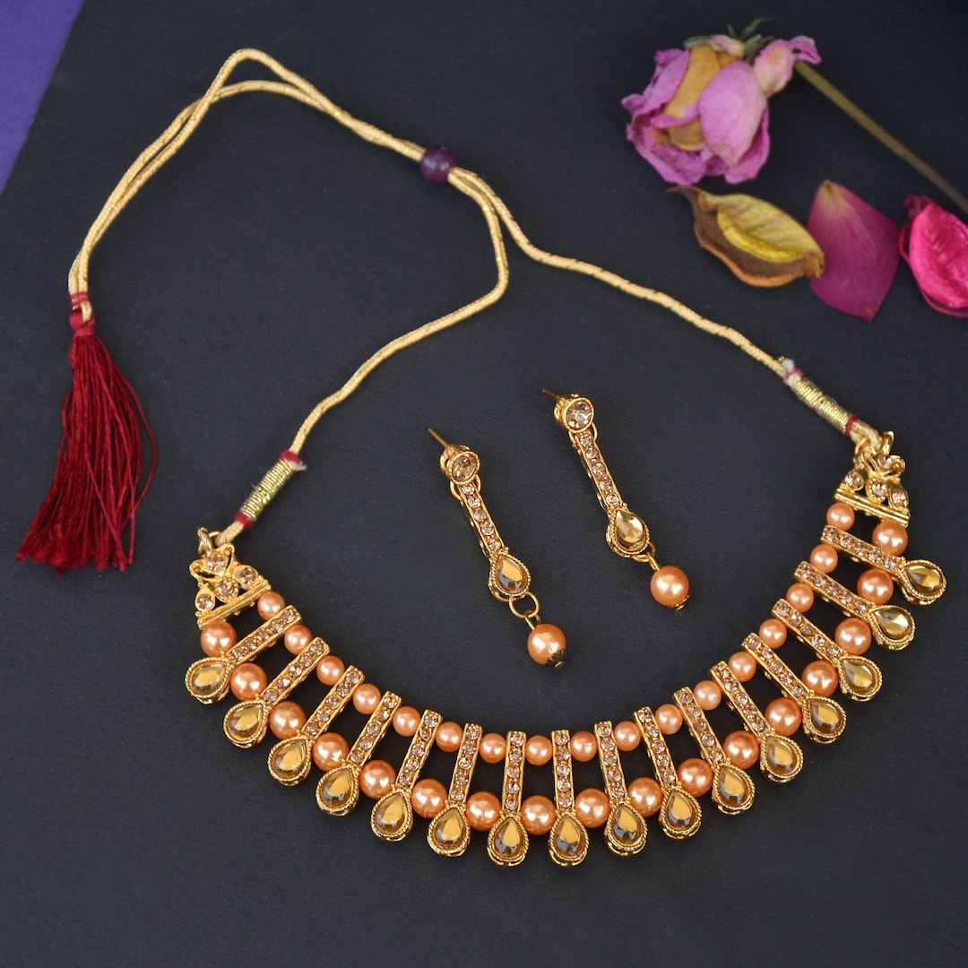 Gold Plated Choker, South Indian Necklace Set, Indian Golden Jewelry ...