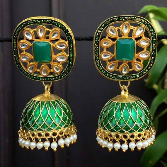 Gold Plated Meenakari Hand Painted Jhumka Jhumki Earring Green Earrings Bollywood Jewelry Wedding Jewelry Statement Earring Bridal Jewelry