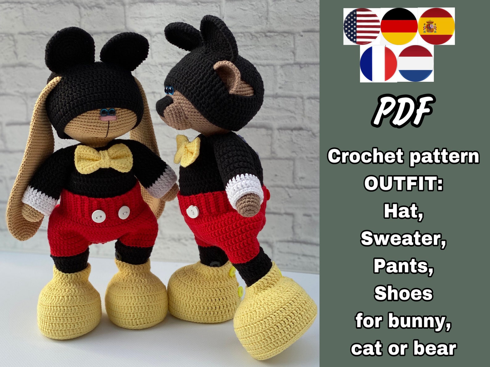Crochet Pattern Clothes Set «mister Mouse» for Bunny, Bear or Cat ...