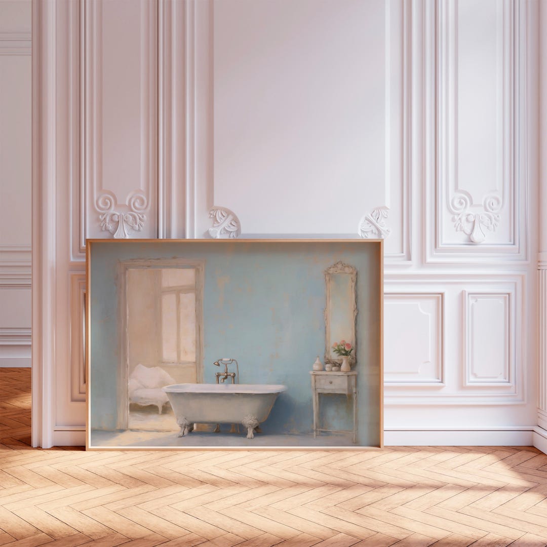 Blue 1970s Mid-century Bathroom, Barcelona Retro Interior Art Print ...