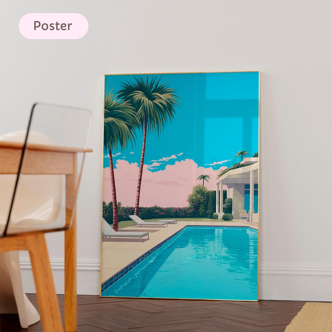 Miami Vice Pool Poster, Pastel Pink Villa & Palm Tree Wall Art ...