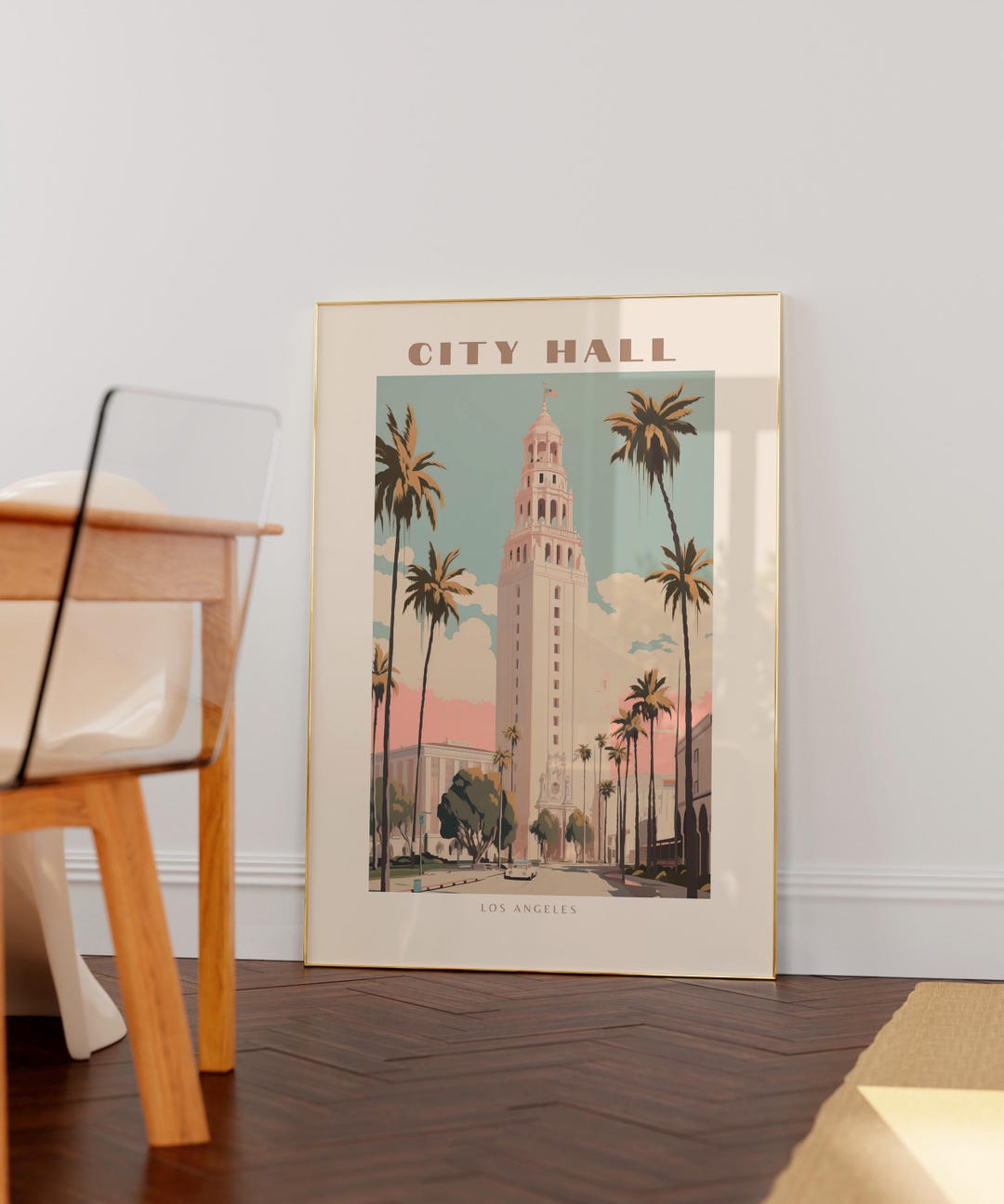 Vintage Mid Century City Hall LA Art Print, Muted Yellow and Pink Oil ...