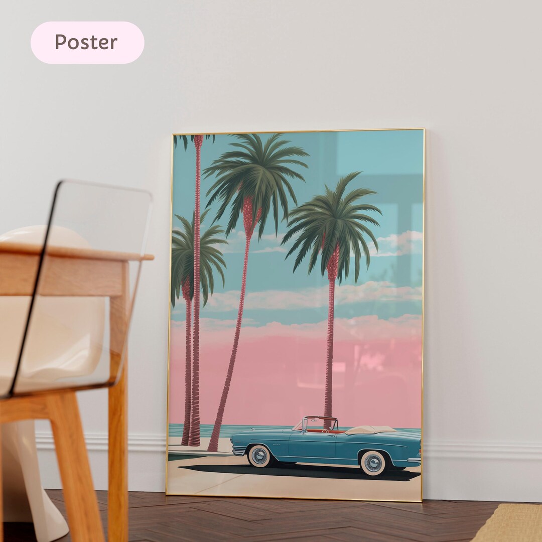 Retro Poolside Poster, Miami Vice Pool Poster, Pastel Pink Villa & Palm ...