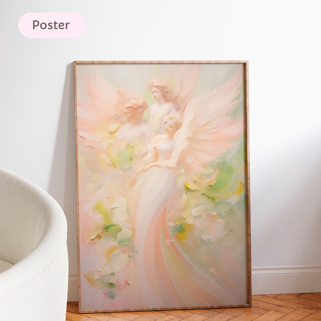 Three Angels Spiritual Wall Art, Lime & Light Pink Oil Painting ...
